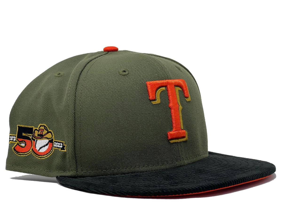 Texas Rangers 50th Anniversary "Corduroy Brim" Pack Orange Under Visor